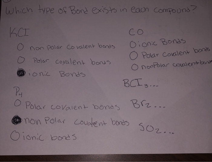Solved Which type of Bond exists in each compound? KCI co O | Chegg.com