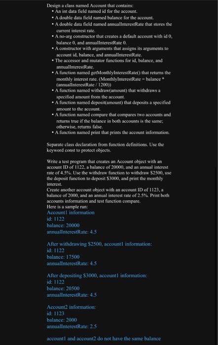 Solved Design a class named Account that contains: - An iat | Chegg.com
