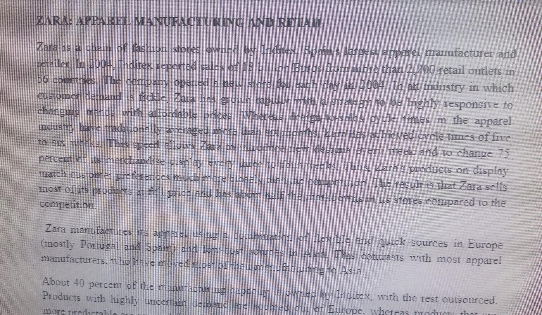Solved ZARA: APPAREL MANUFACTURING AND RETAIL Required: A | Chegg.com
