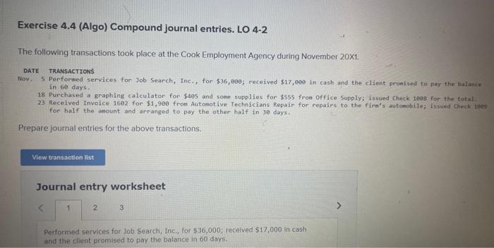 Solved Exercise 4.4 (Algo) Compound journal entries. LO 4-2 | Chegg.com