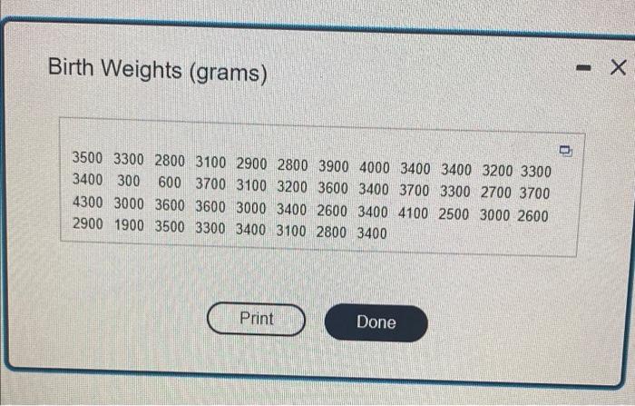 Solved Birth Weights (grams) 3500 3300 2800 3100 2900 2800 | Chegg.com