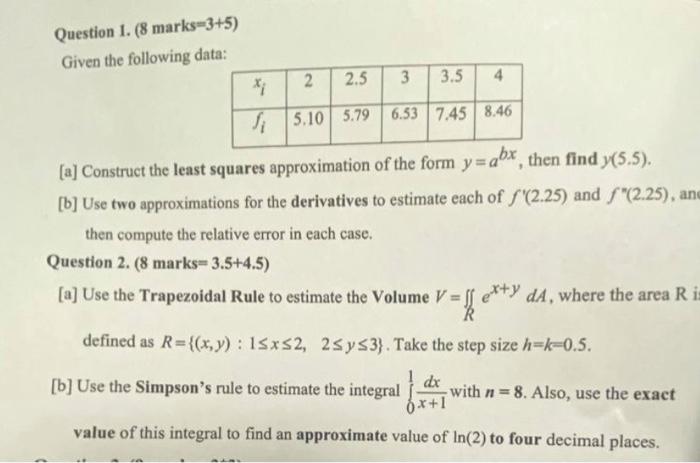 Solved Question 1. (8marks=3+5) Given the following data: | Chegg.com