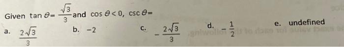 Solved Given \\( \\tan \\theta=\\frac{\\sqrt{3}}{3} \\) and | Chegg.com
