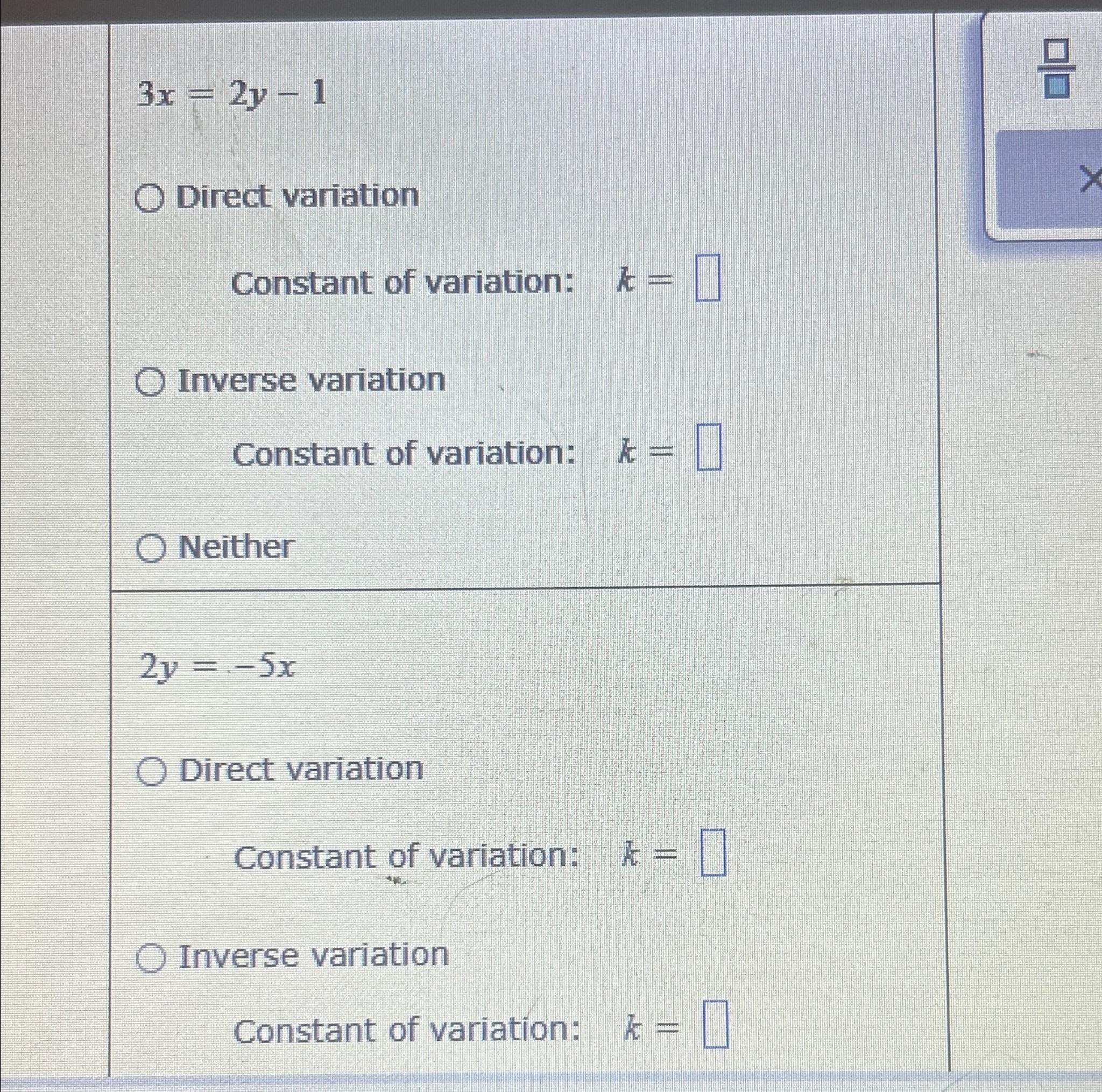 Solved 3x=2y-1Direct variationConstant of variation: | Chegg.com