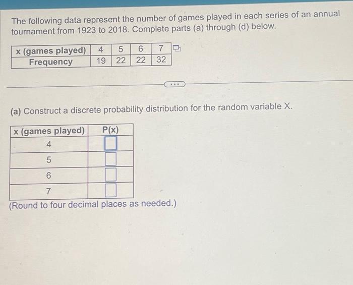 The following data represent the number of games | Chegg.com