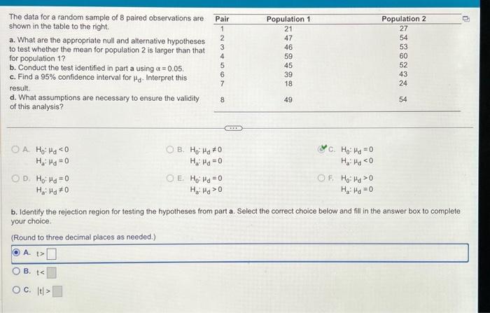 Solved The data for a random sample of 8 paired observations | Chegg.com