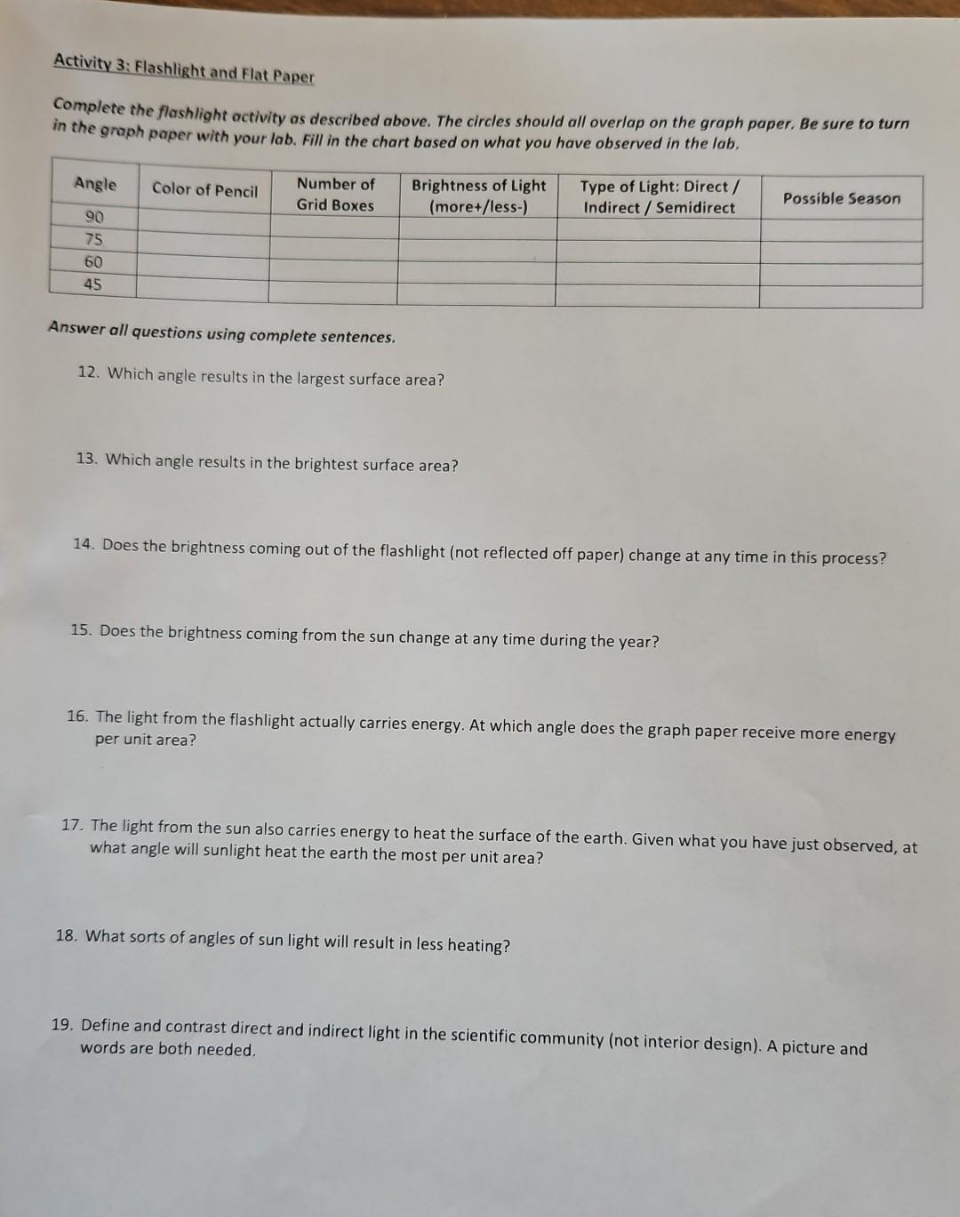 Activity 3: Direct vs Indirect light Purpose: To see | Chegg.com