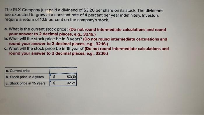 Solved The RLX Company just paid a dividend of $3.20 per | Chegg.com