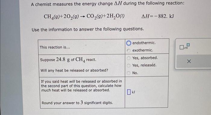Solved CH4(g)+2O2(g)→CO2(g)+2H2O(l)ΔH=−882. Use the | Chegg.com