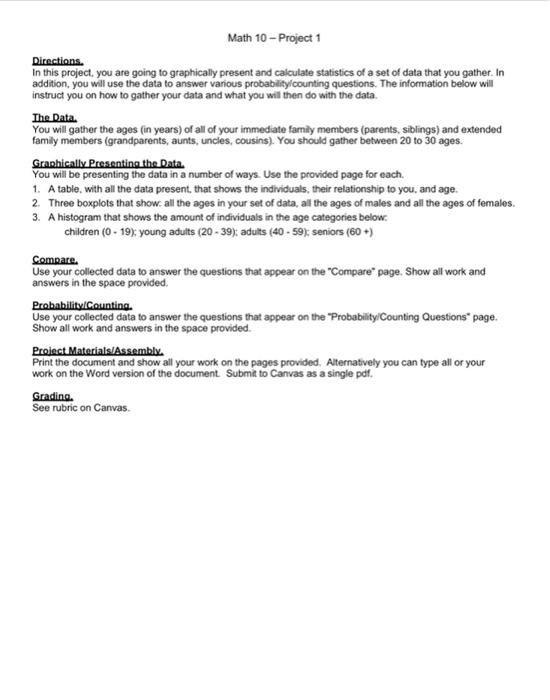 Solved Math 10- Project 1 Directions. In this project, you | Chegg.com