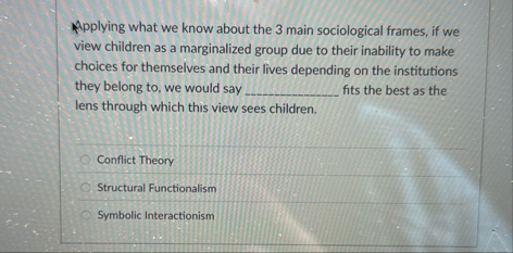 Solved Applying what we know about the 3 ﻿main sociological | Chegg.com