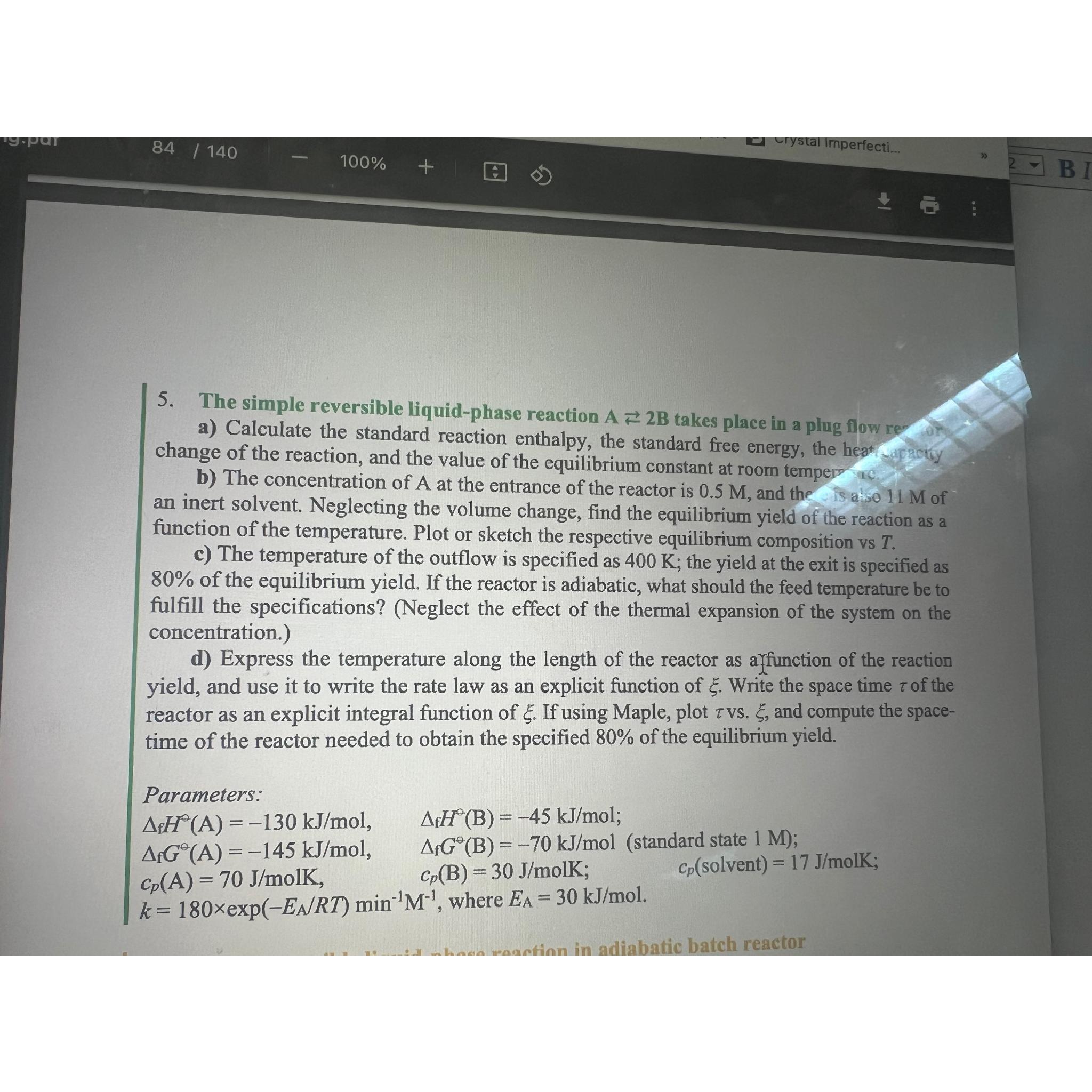 Solved The simple reversible liquid-phase reaction A⇄2B | Chegg.com