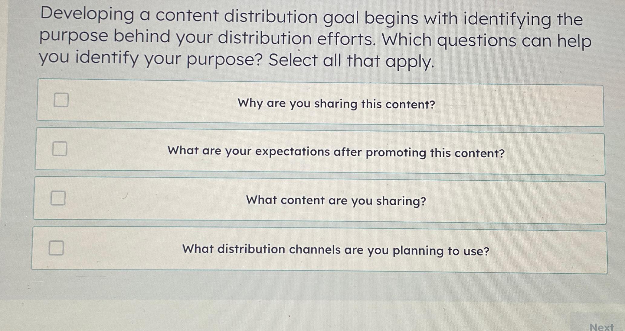 Solved Developing a content distribution goal begins with | Chegg.com