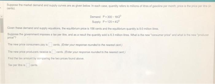 Solved Suppose the market demand and supply curves are as | Chegg.com