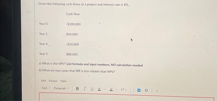 Solved Given the following cash flows of a project and | Chegg.com