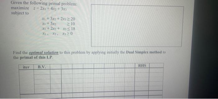 Solved Given the following primal problem: maximize == 2x1 + | Chegg.com