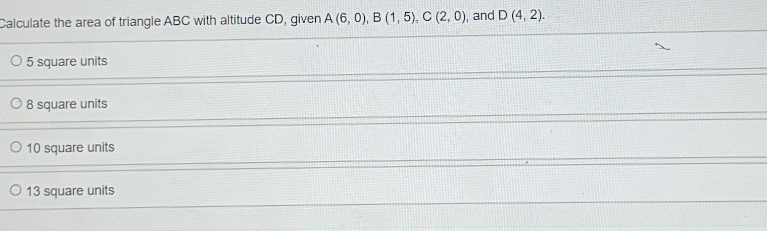 Solved Calculate the area of triangle ABC with altitude CD, | Chegg.com