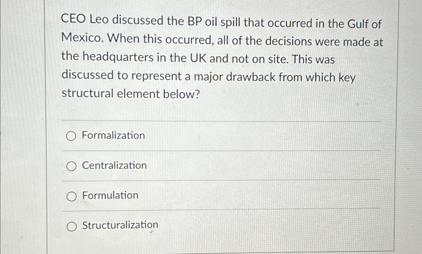 Solved CEO Leo discussed the BP oil spill that occurred in | Chegg.com