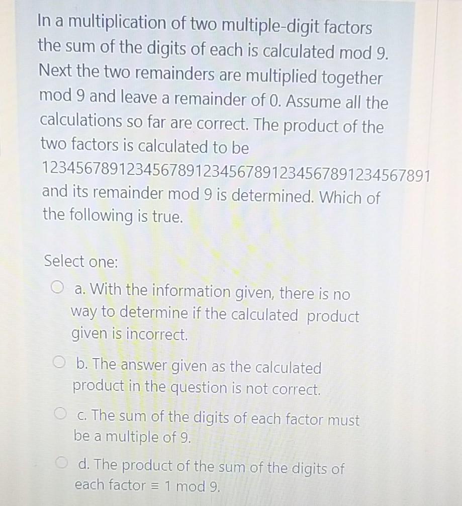 Solved In a multiplication of two multiple-digit factors the | Chegg.com