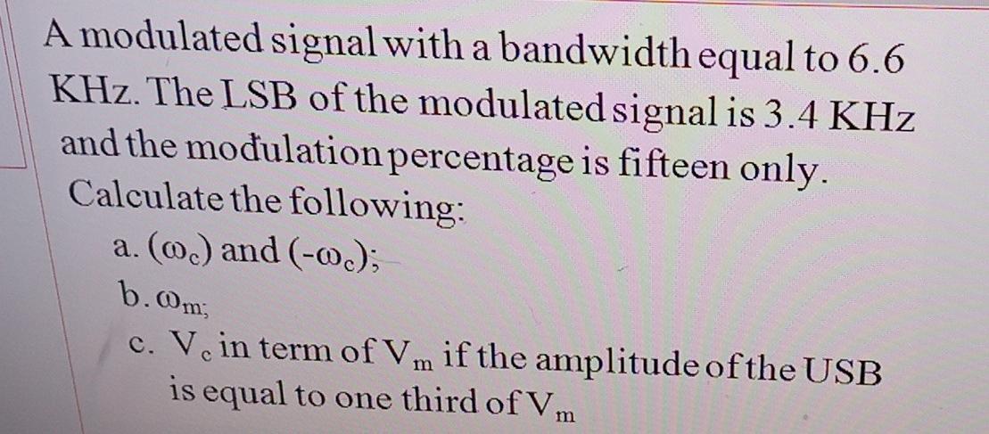 Solved A modulated signal with a bandwidth equal to 6.6 KHz. | Chegg.com