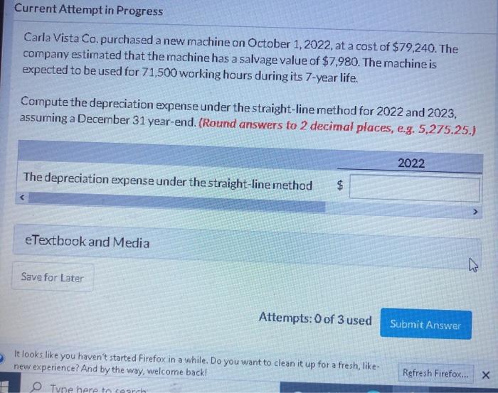 Solved Current Attempt in Progress Carla Vista Co. purchased | Chegg.com