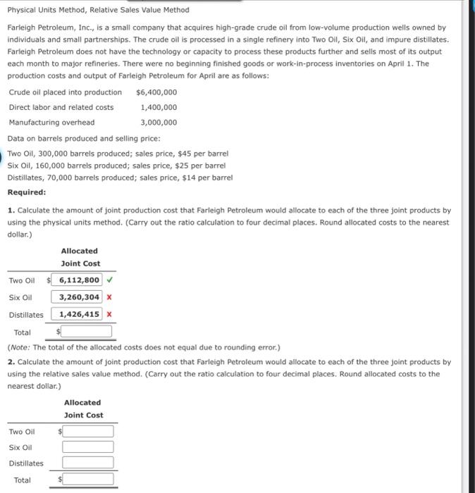 Solved Physical Units Method, Relative Sales Value Method | Chegg.com