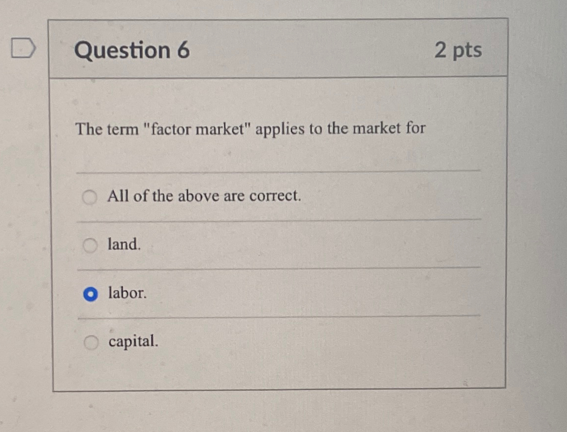 Solved Question 62 ﻿ptsThe term "factor market" applies to | Chegg.com