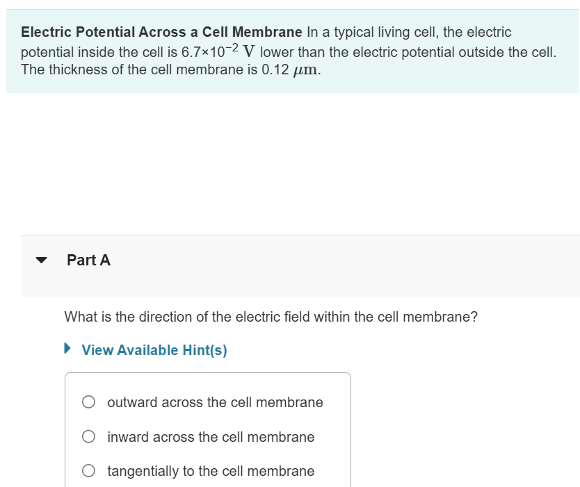 Solved Electric Potential Across a Cell Membrane In a | Chegg.com