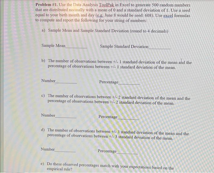 Solved Problem \#1. Use the Data Analysis ToolPak in Excel | Chegg.com
