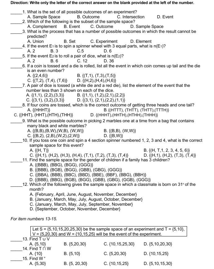 Solved Direction: Write only the letter of the correct | Chegg.com