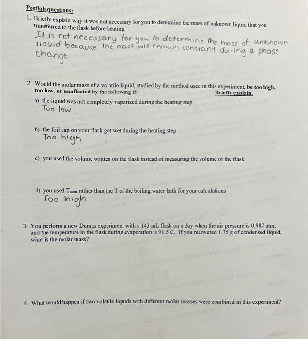 Solved Postlab questions: 1. Briefly explain why it was not | Chegg.com