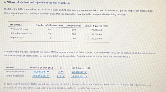 Solved 5. ANOVA calculations and rejection of the null | Chegg.com