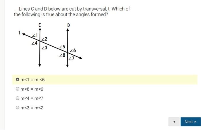 Solved Lines C and D below are cut by transversal, t. Which | Chegg.com