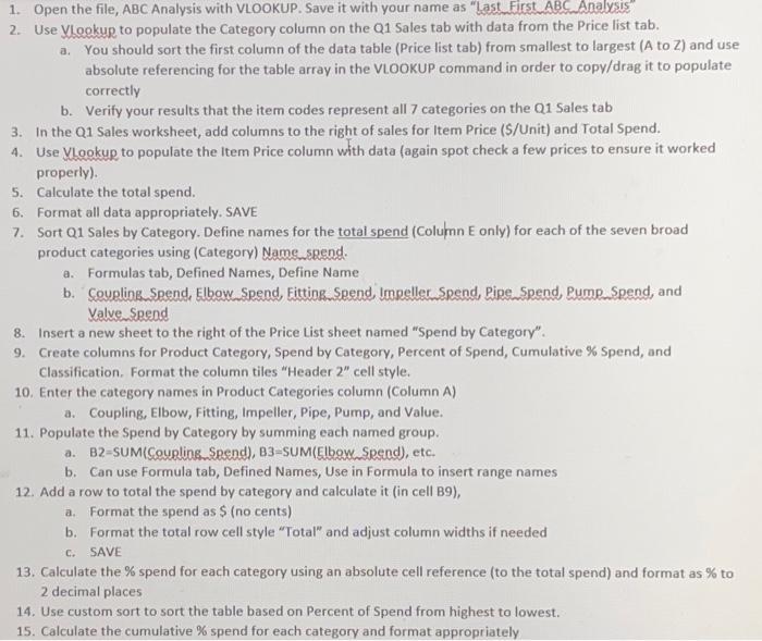 Solved 1. Open the file, ABC Analysis with VLOOKUP. Save it | Chegg.com