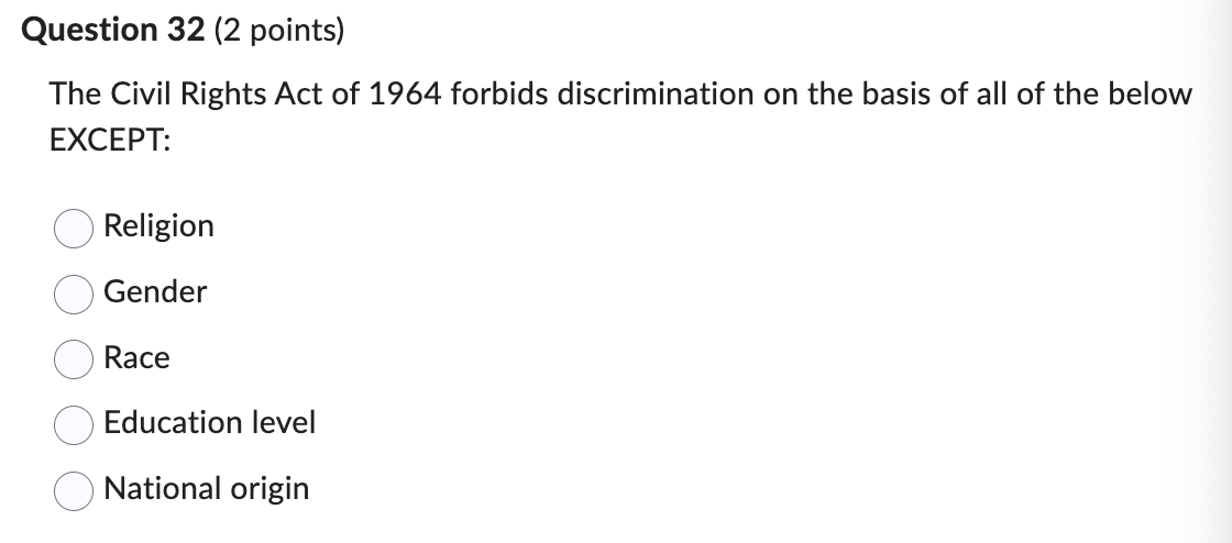 Solved Question 32 (2 ﻿points)The Civil Rights Act of 1964 | Chegg.com