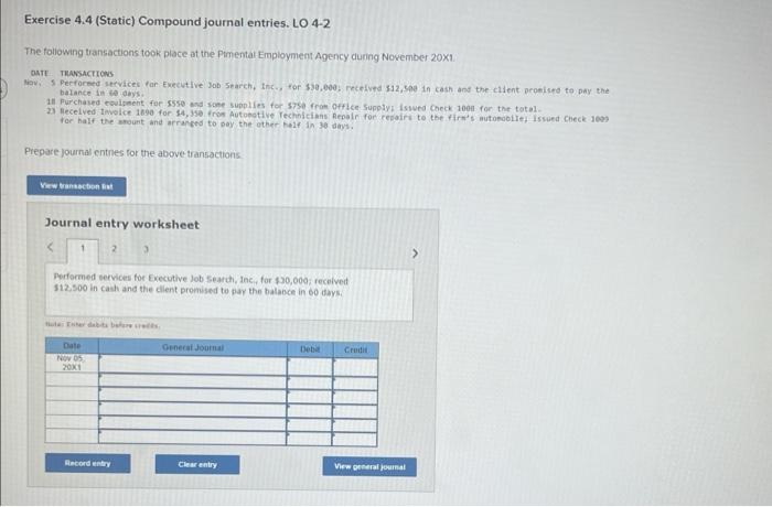 Solved Exercise 4.4 (Static) Compound journal entries. LO | Chegg.com