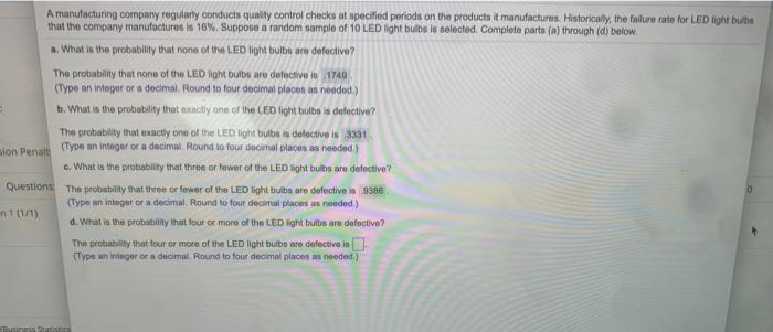 Solved A manufacturing company regularly conducts quality | Chegg.com