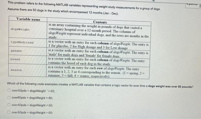 Solved This Problem Refers To The Following Matlab Variables 