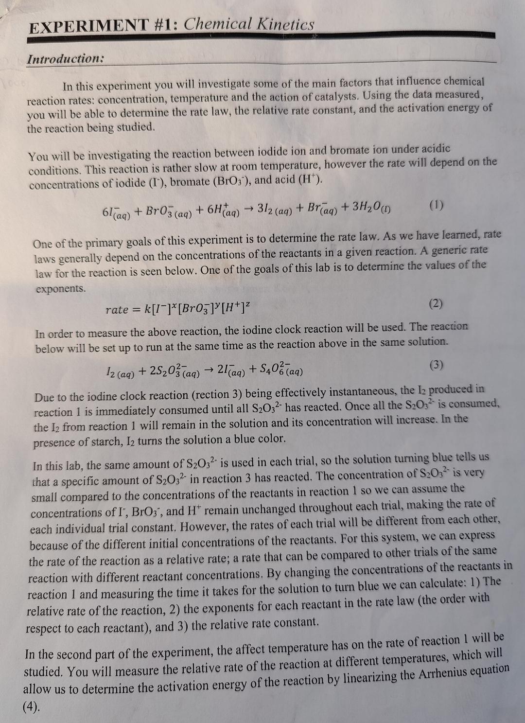 Solved EXPERIMENT #1: Chemical KineticsIntroduction:In this | Chegg.com