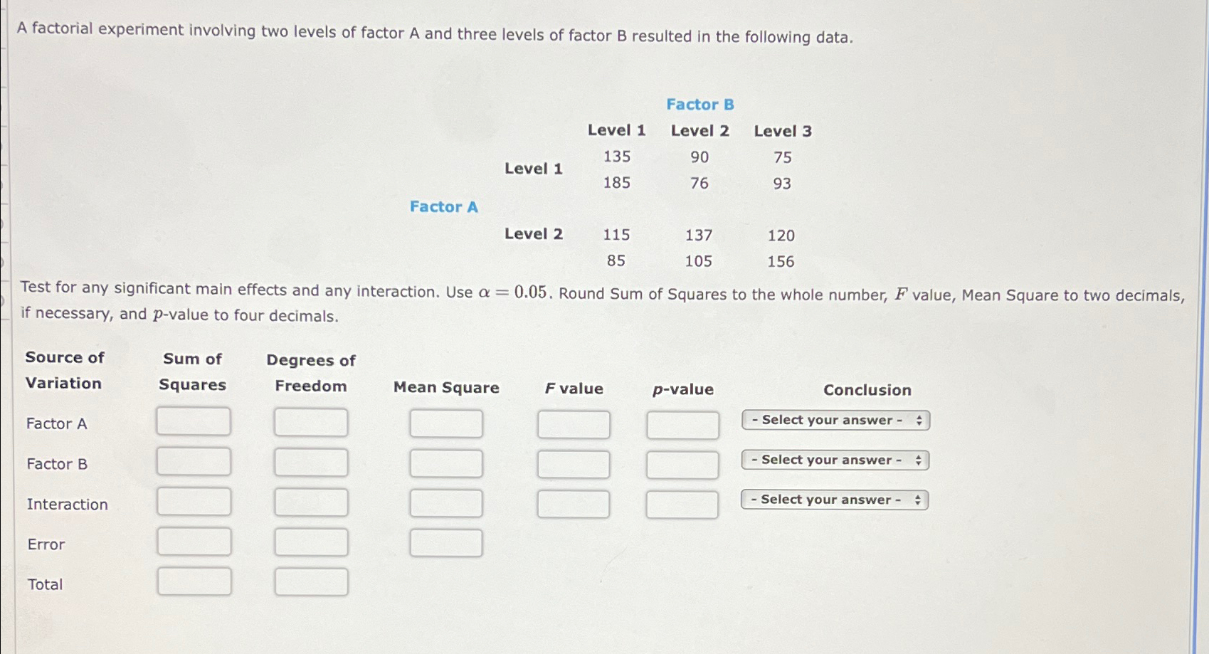Solved A factorial experiment involving two levels of factor | Chegg.com