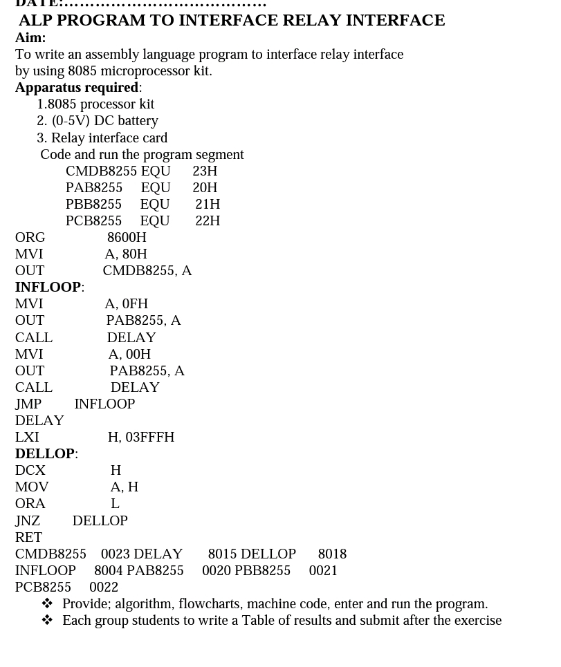 Solved ALP PROGRAM TO INTERFACE RELAY INTERFACEAim:To write | Chegg.com