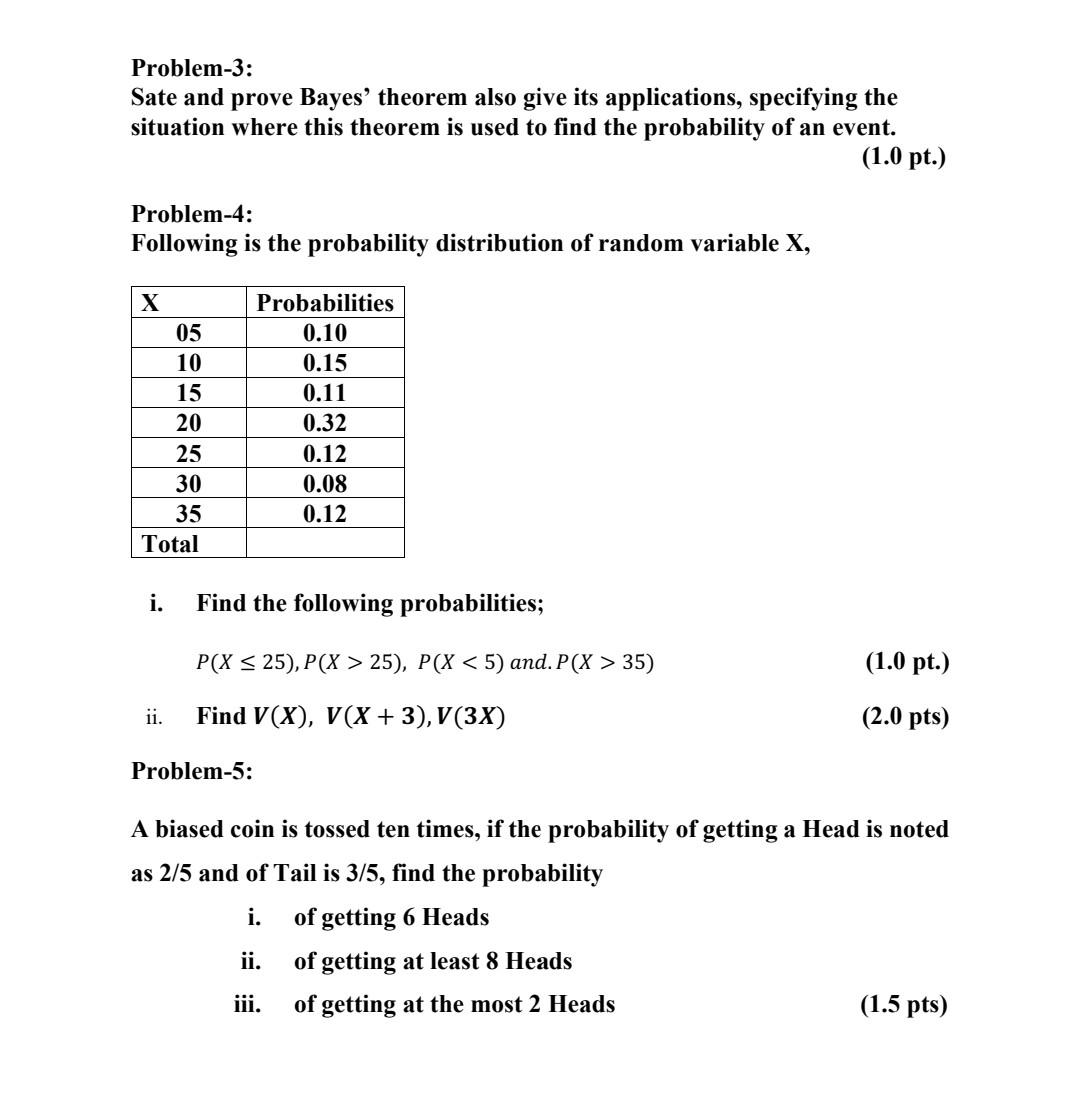Solved Problem-3: Sate and prove Bayes' theorem also give | Chegg.com