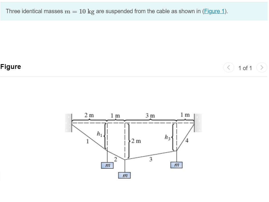 Three identical masses m=10kg ﻿are suspended from the | Chegg.com