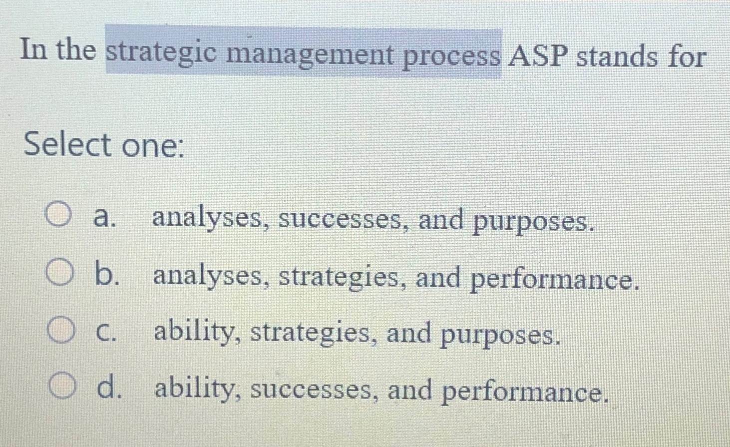 Solved In the strategic management process ASP stands | Chegg.com