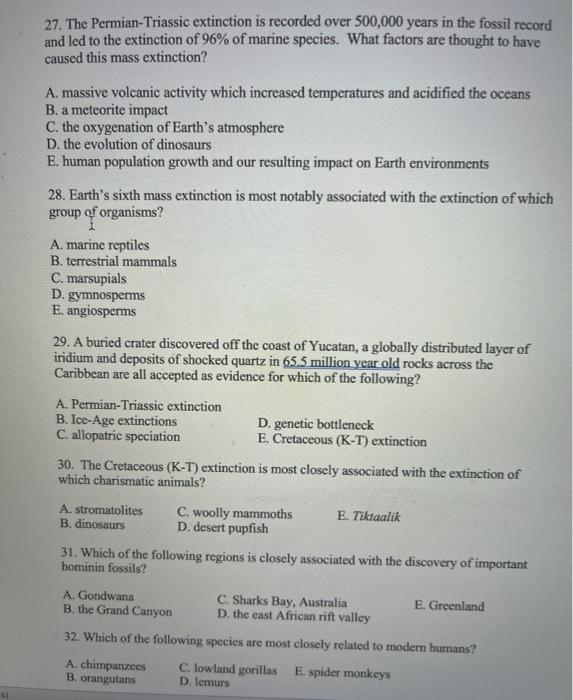 Solved 27. The Permian-Triassic extinction is recorded over | Chegg.com