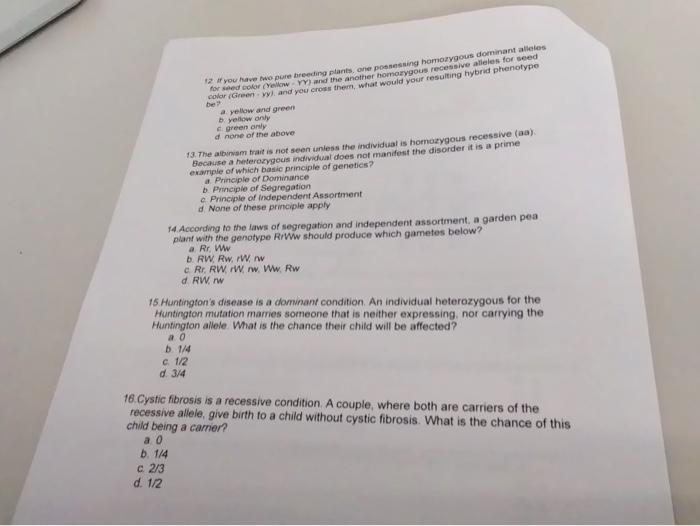 Solved 12. Af you have swo pure breeding plants. one | Chegg.com