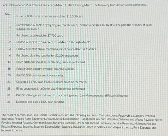 Solved Lars Linken opened Pina Colada Cleaners on March | Chegg.com