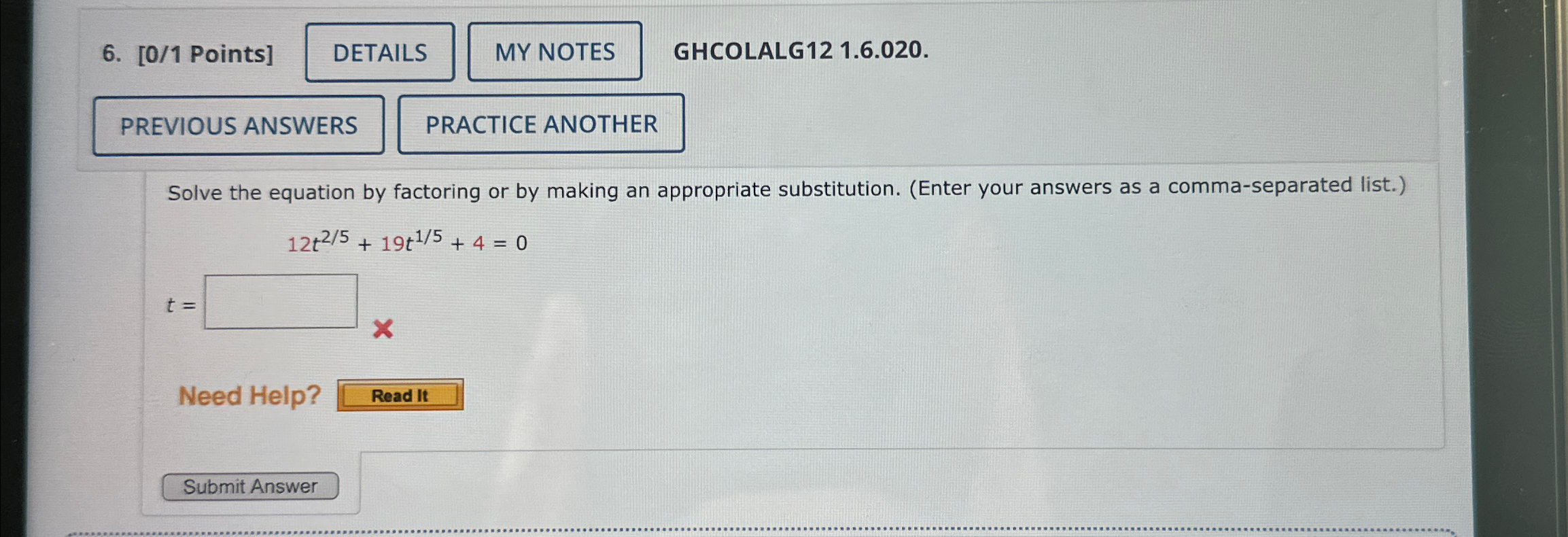 Solved [0/1 ﻿Points] ﻿GHCOLALG12 1.6.020.Solve the | Chegg.com