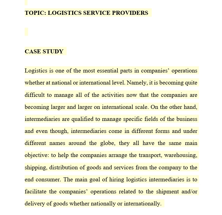 Solved TOPIC: LOGISTICS SERVICE PROVIDERSCASE STUDYLogistics | Chegg.com