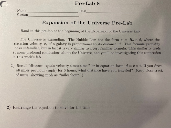 Solved Pre-Lab 8 Name Section ID# Expansion of the Universe | Chegg.com